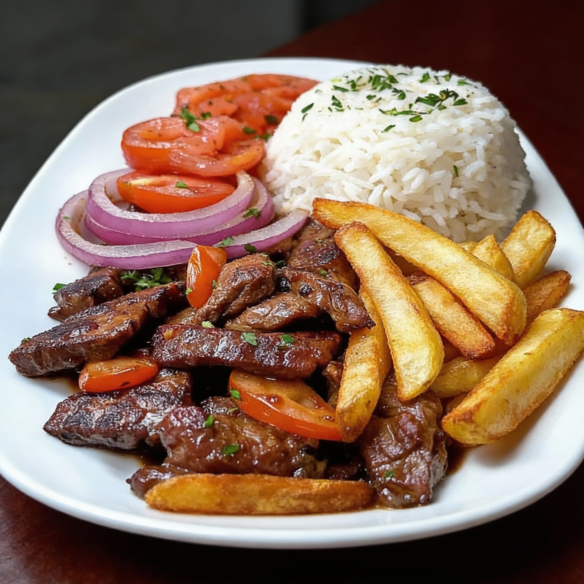 Lomo Saltado with Crispy Fries & Fluffy Rice – flavor mixture