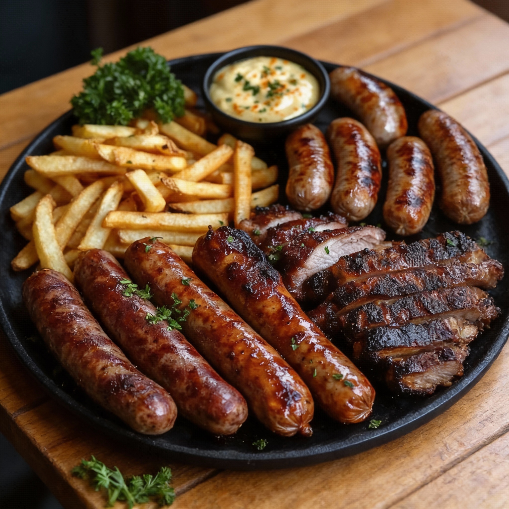 Hearty Grilled Sausage Platter with Crispy Fries – flavor mixture