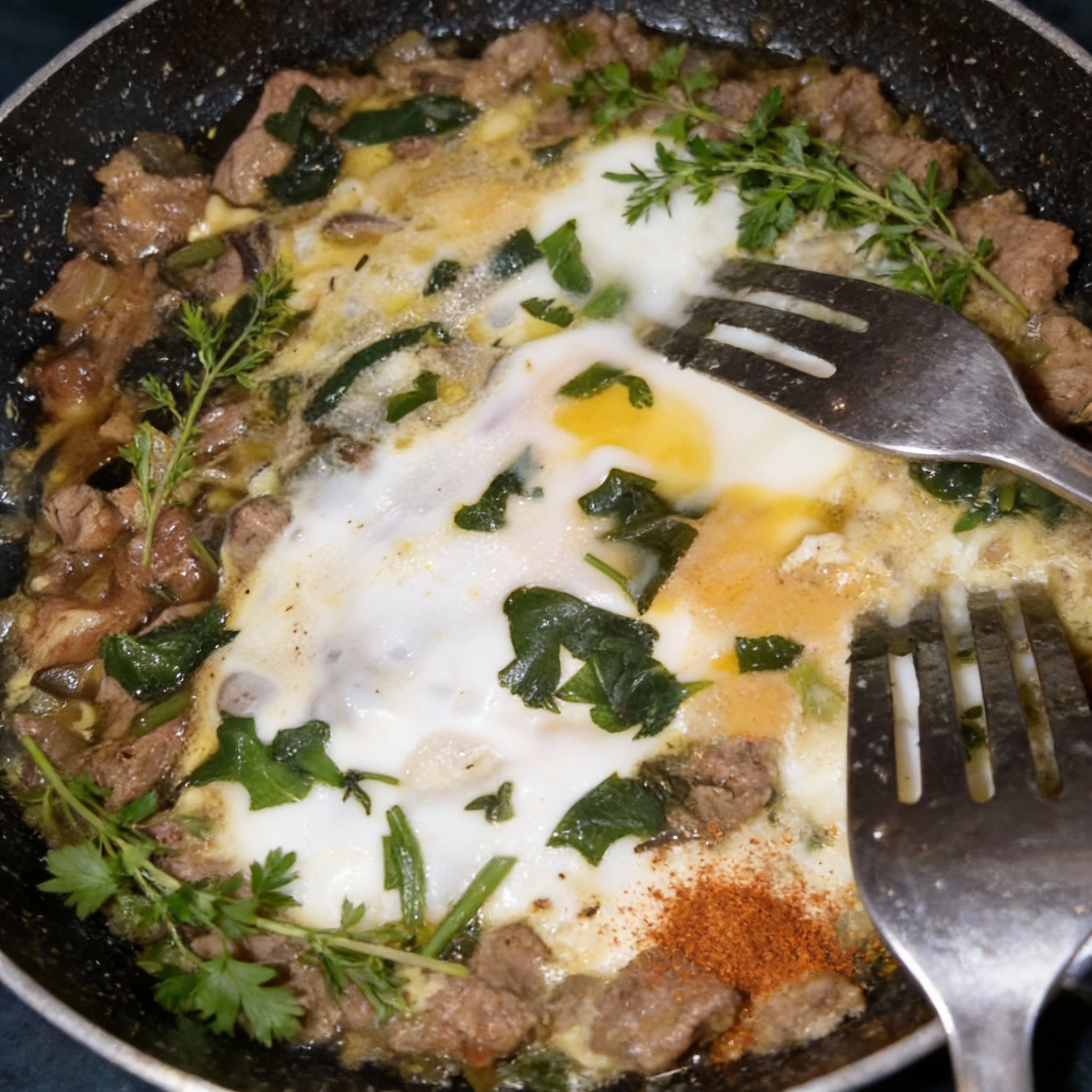 Hearty Skillet Meat & Eggs with Greens – flavor mixture